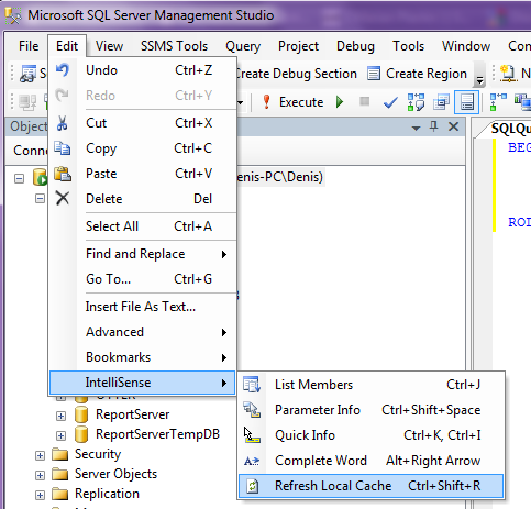 LessThanDot - How to refresh the local IntelliSense cache in SQL Server Management Studio